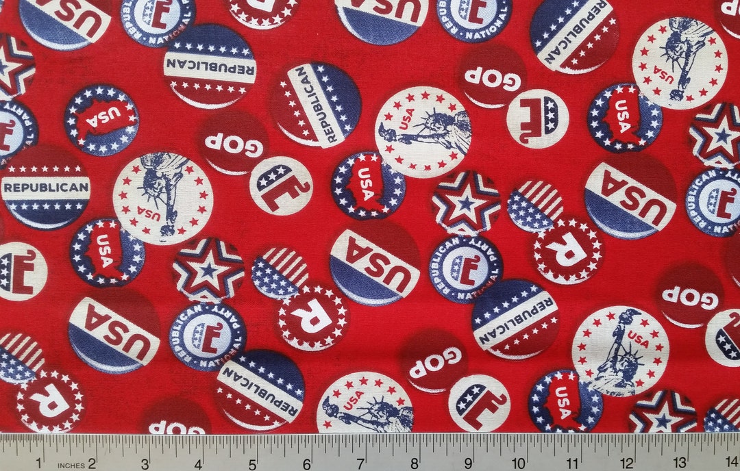 REPUBLICAN POLITICAL Party Buttons COTTON Woven Fabric Fat Quarter 18 L ...