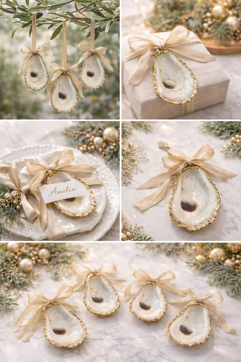 Gold Gilded Oyster Shell Ornament | Coastal Heirloom Wedding Favor - Etsy