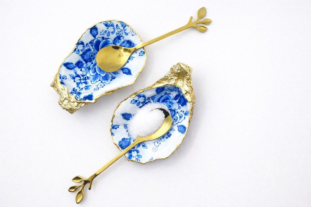 Chinoiserie Oyster Shell Salt Cellar Set, Gold Leaf Edged Coastal Decor ...