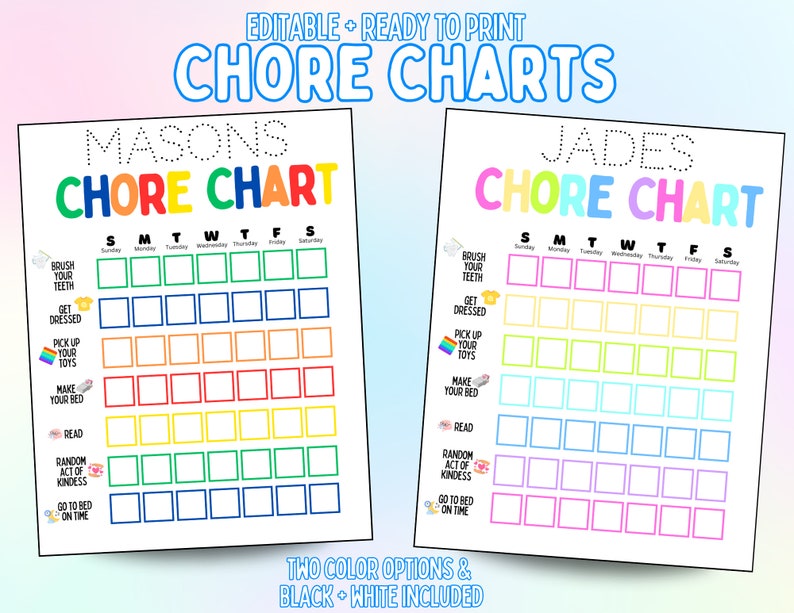 Editable Chore Chart, Kids Chore Chart, Chore Chart for Kids Printable ...