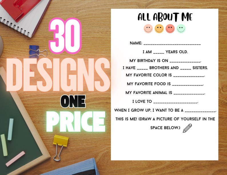 All About Me Worksheet Bundle, 30 Back to School Designs (PDF) - Etsy