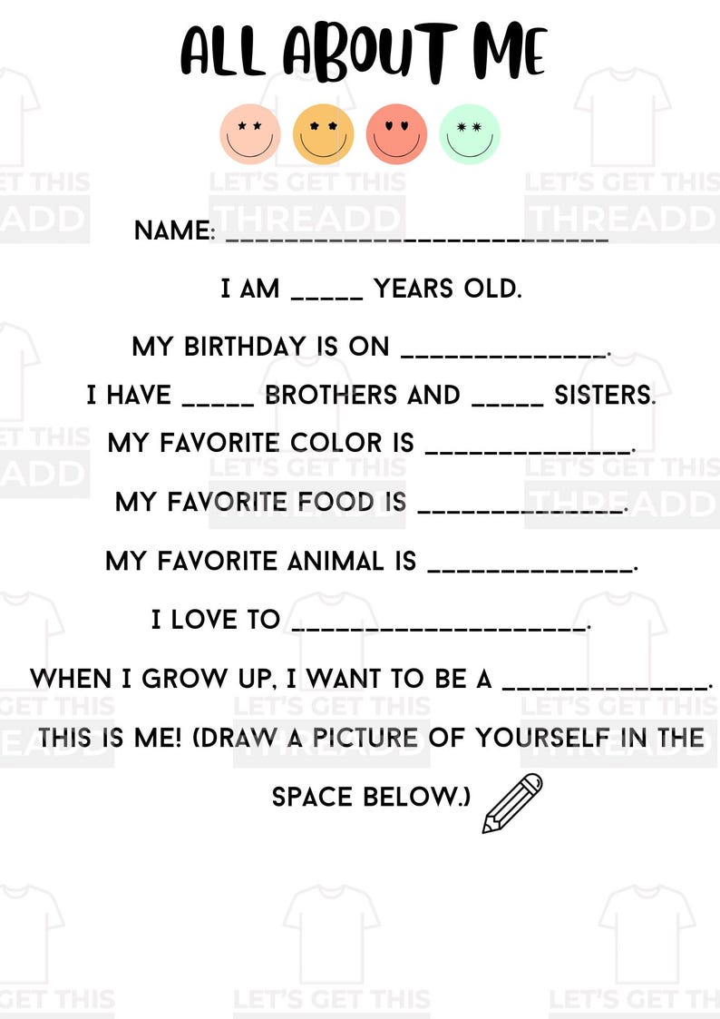Get to Know Me, All About Me, Back to School Worksheet Kids, About Me ...