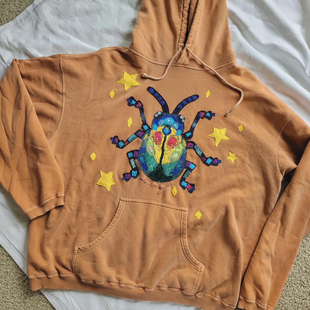 Upcycled Orange Rainbow Bug Hoodie Sweatshirt Patchwork Sewn Oversized ...