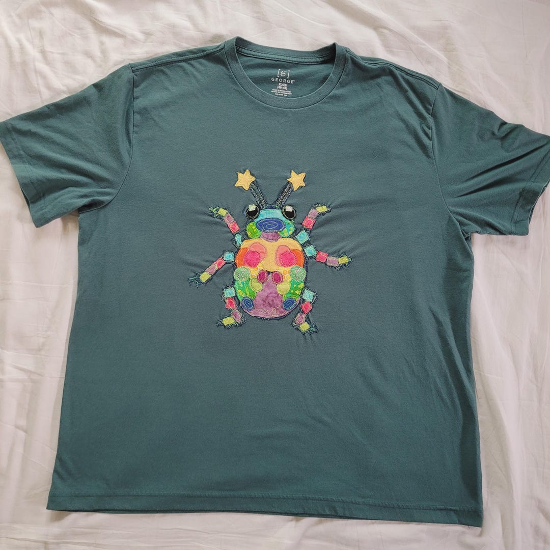 Upcycled Blue Rainbow Beetle Bug Tee Shirt Patchwork Sewn Oversized X ...