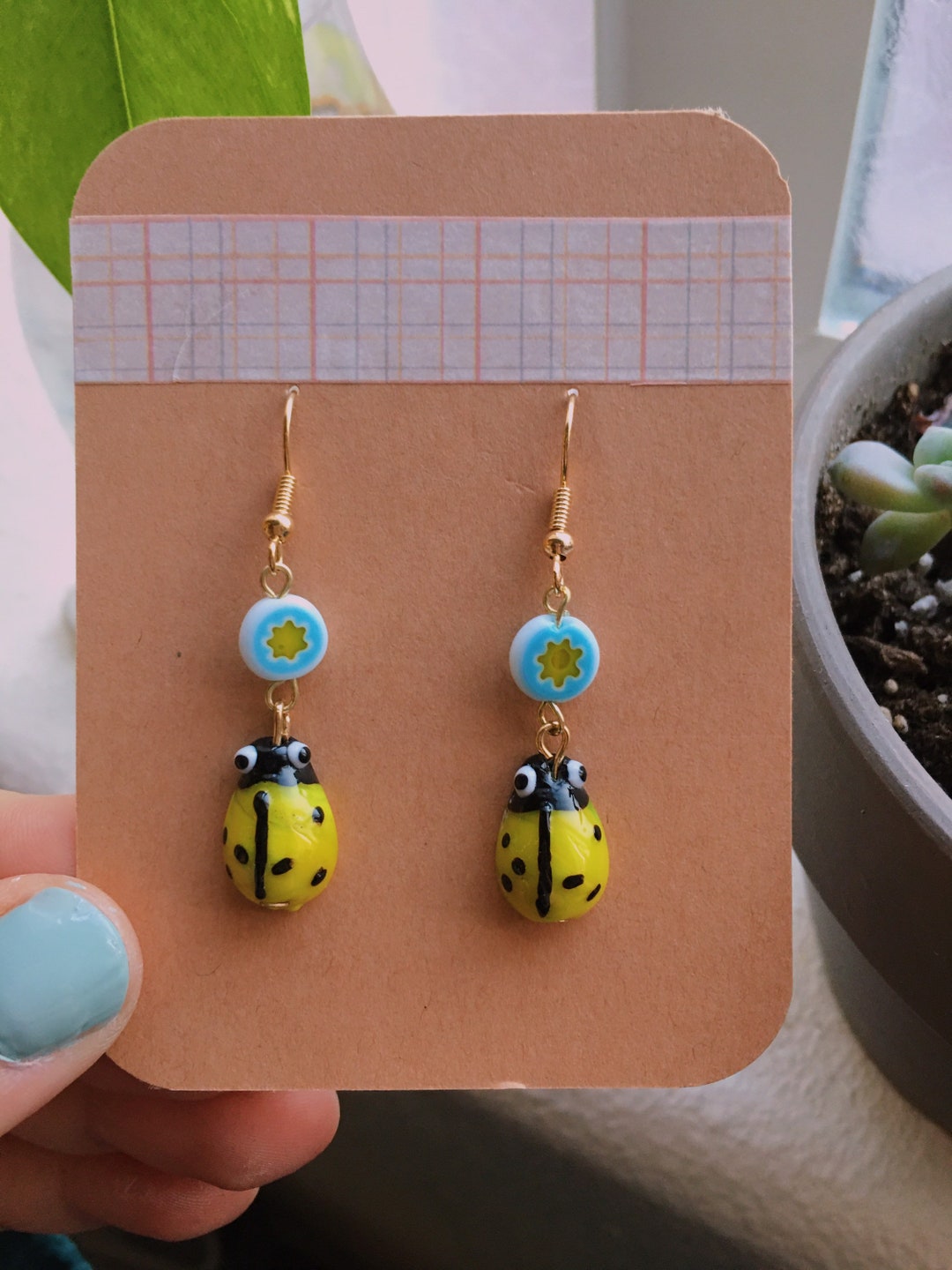 Glass Ladybug Dangle Earrings Fairycore Earrings Ladybug Jewelry Blue ...