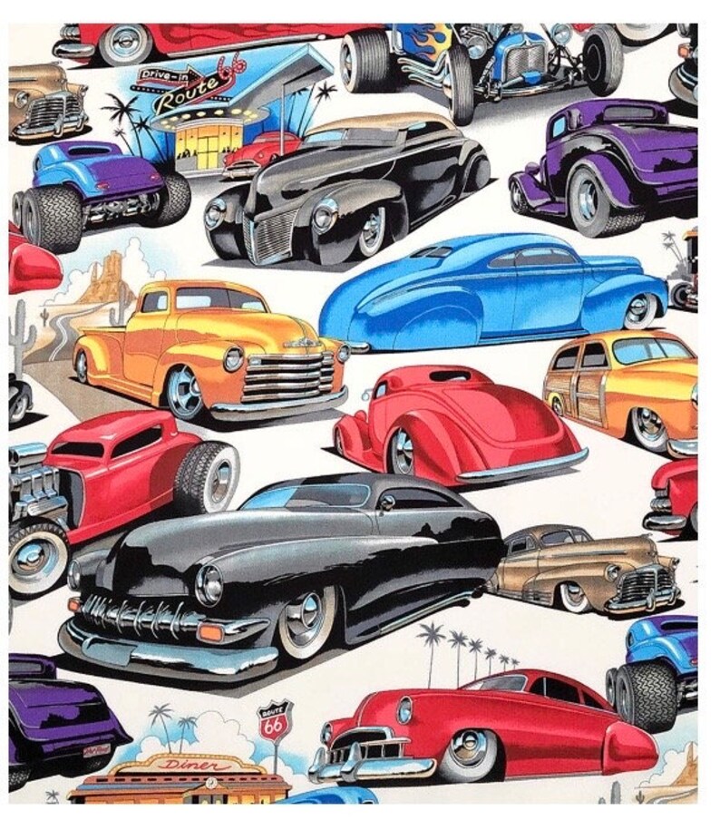 Lead Sleds Cotton Fabric: Vintage Cars on White (1/2 Yard) - Etsy