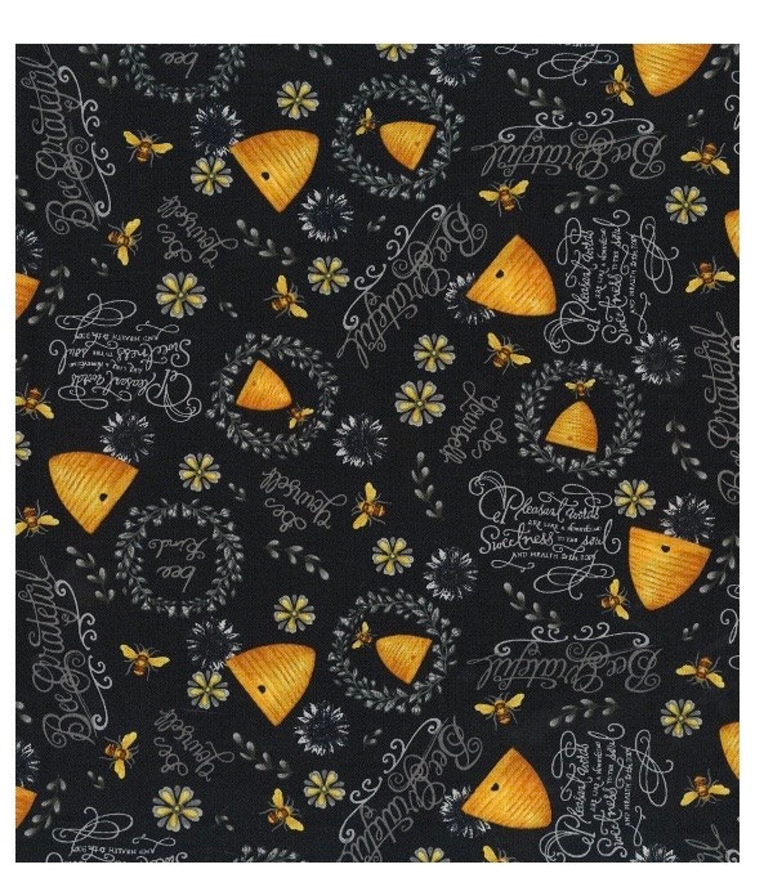Bee Hives and Phrases on Black Premium Metallic Cotton Fabric 1/2 Yard ...