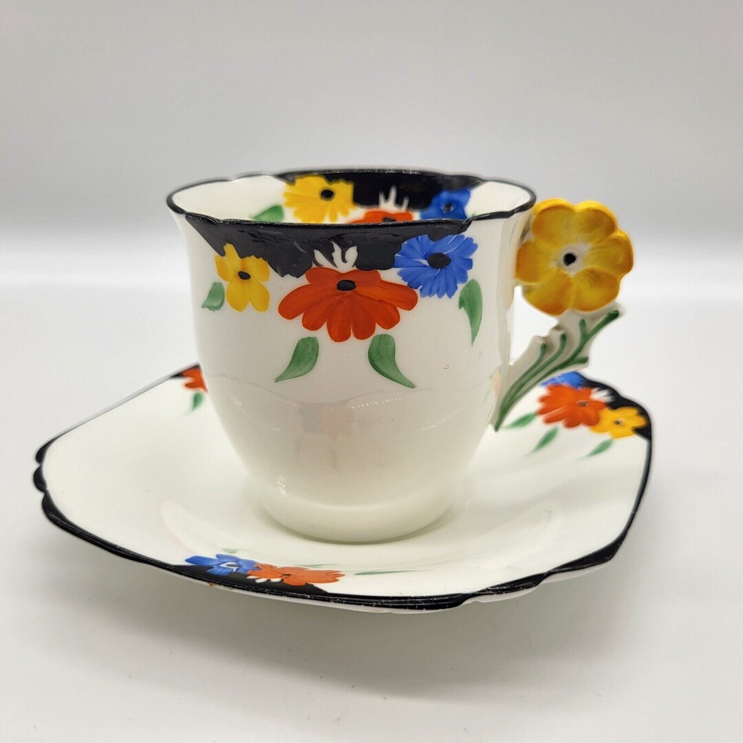 Flower Handle Teacup Cup and Saucer Art Deco Collingwood 1930s Black ...