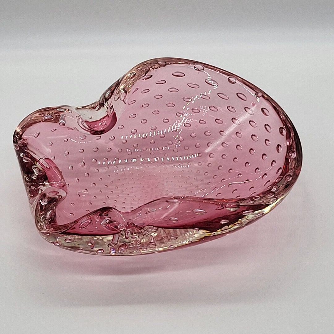 Gorgeous HEAVY Murano Style Pink Bullicante Controlled Bubbles Ashtray Candy Trinket Dish Thick ...