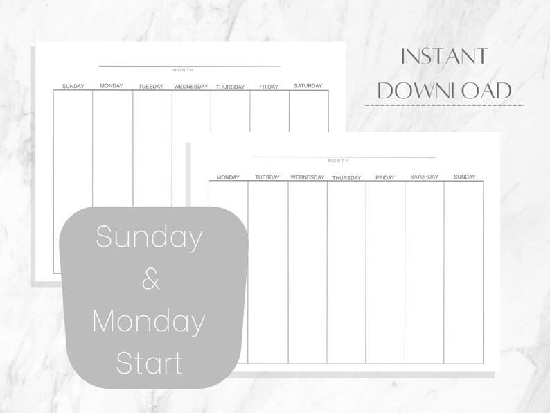 Blank Monthly Calendar, Printable Minimalist Calendar, Sunday/monday ...