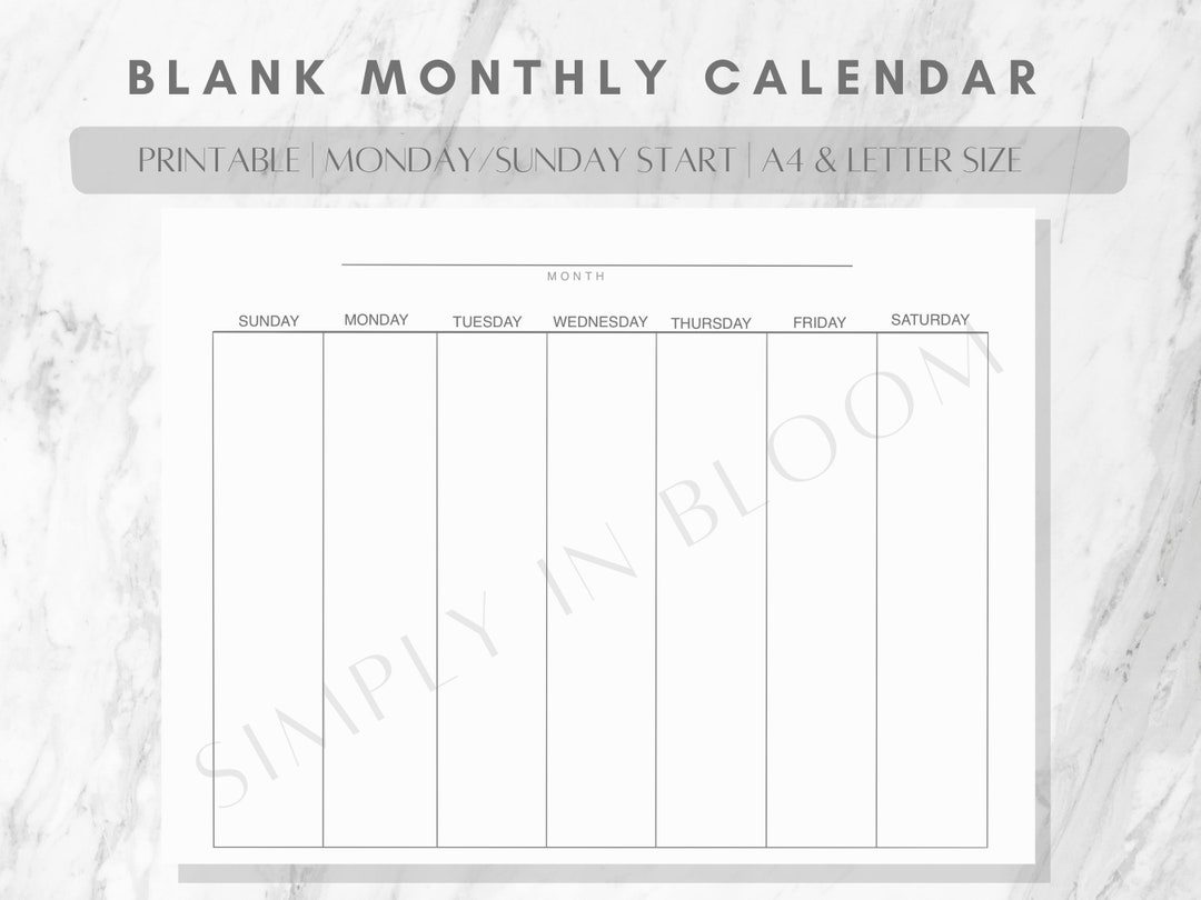 Blank Monthly Calendar, Printable Minimalist Calendar, Sunday/monday ...