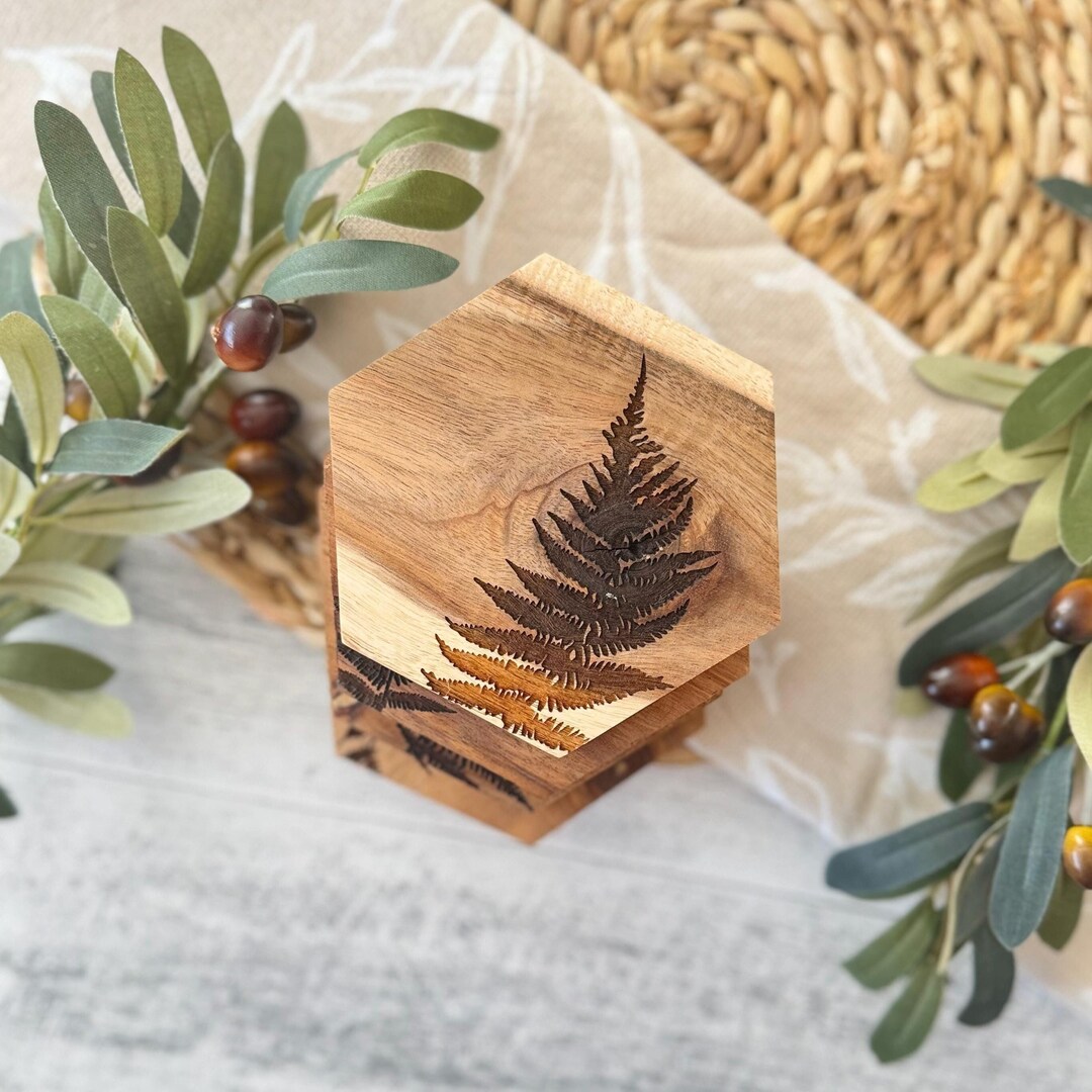 Fern Themed Engraved Wooden Acacia Coaster Set // Tropical Themed ...