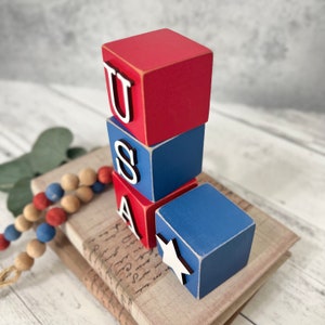 SET // Patriotic USA Wooden Blocks // 4th of July Tiered Tray Decor ...