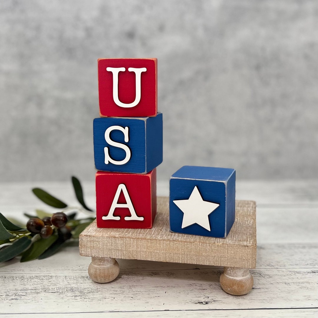 SET // Patriotic USA Wooden Blocks // 4th of July Tiered Tray Decor ...