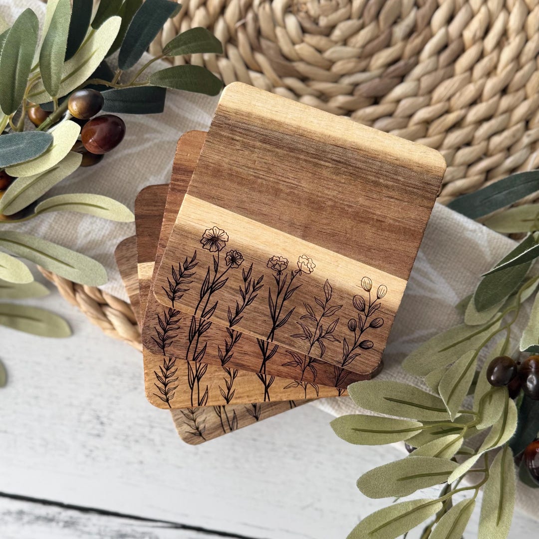 Floral Themed Engraved Wooden Acacia Coaster Set // Flower Design ...