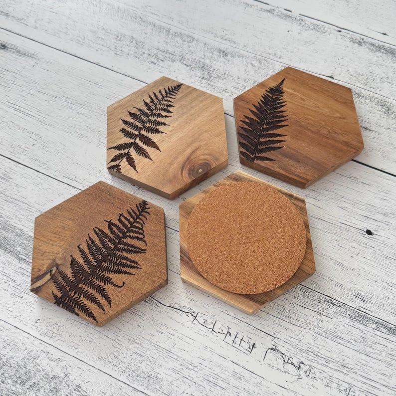 Fern Themed Engraved Wooden Acacia Coaster Set // Tropical Themed ...