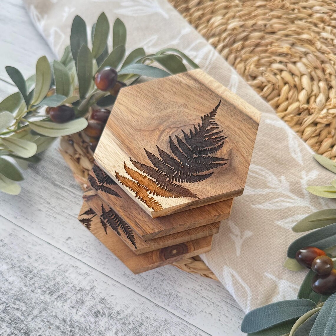 Fern Themed Engraved Wooden Acacia Coaster Set // Tropical Themed ...