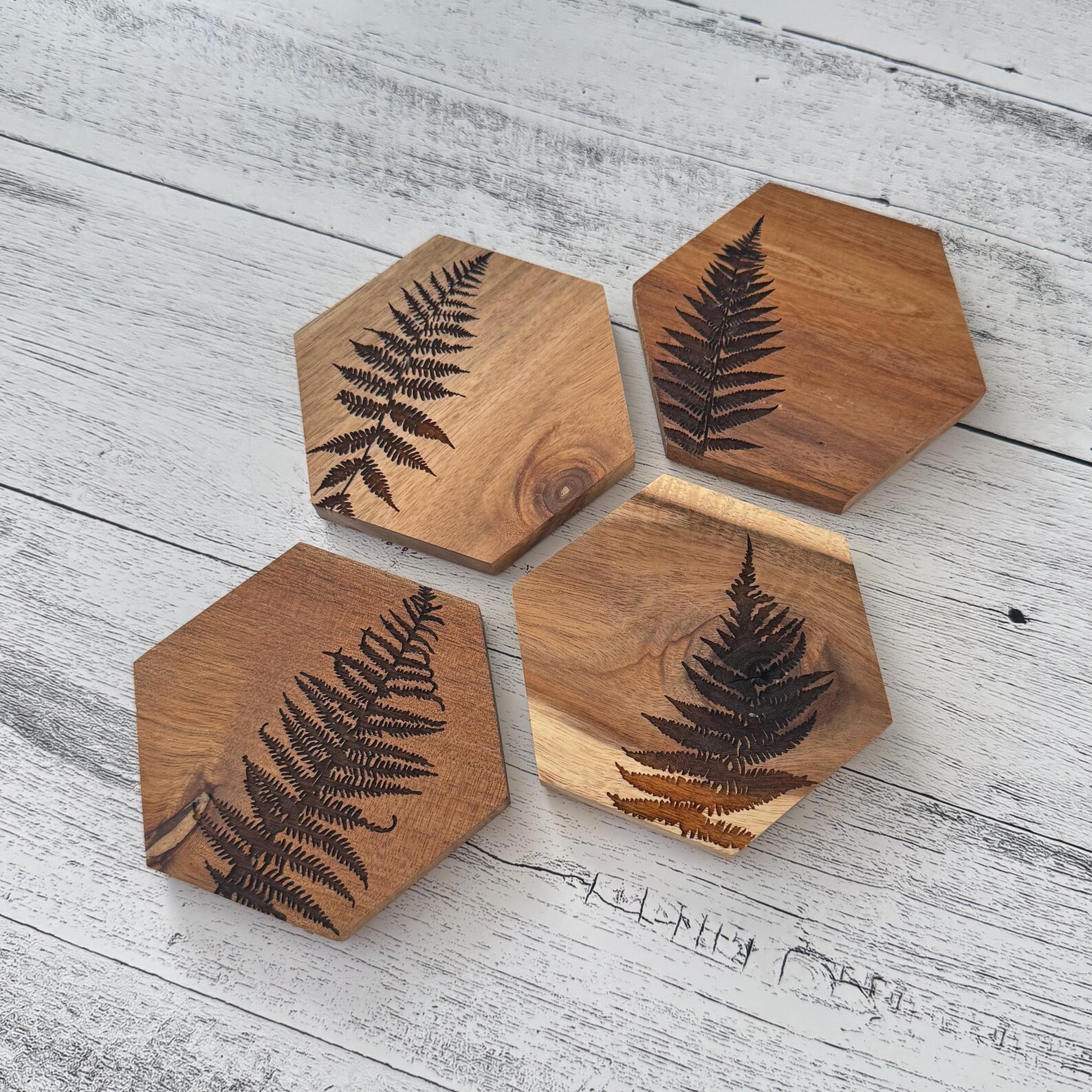 Fern Themed Engraved Wooden Acacia Coaster Set // Tropical Themed ...