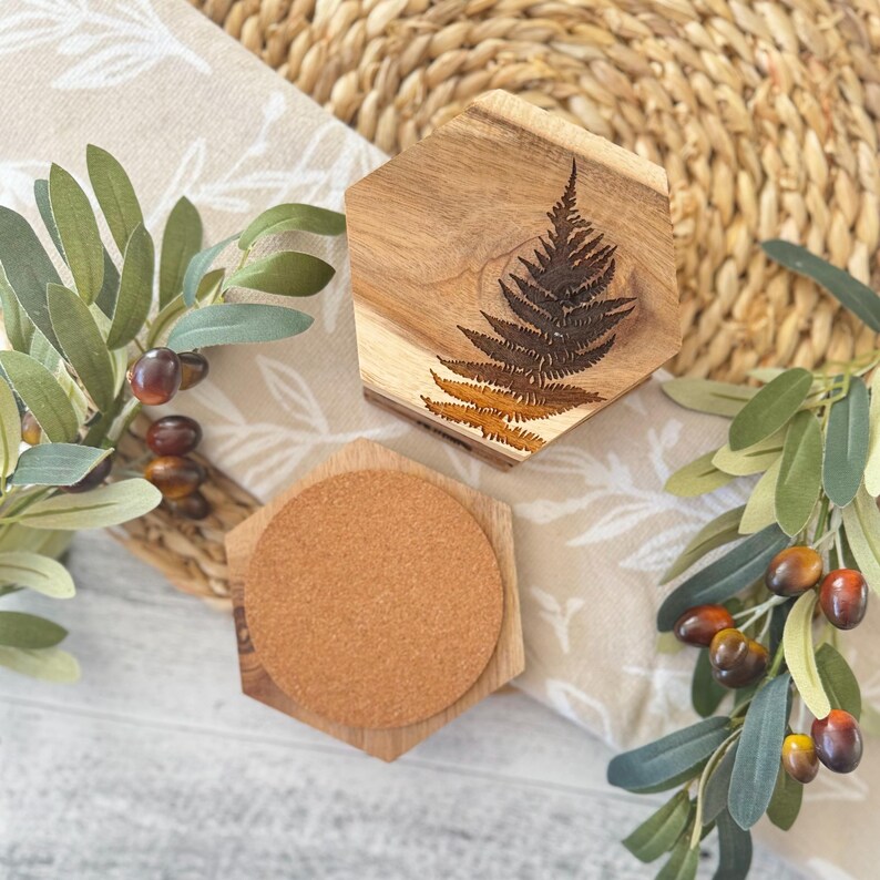 Fern Themed Engraved Wooden Acacia Coaster Set // Tropical Themed ...
