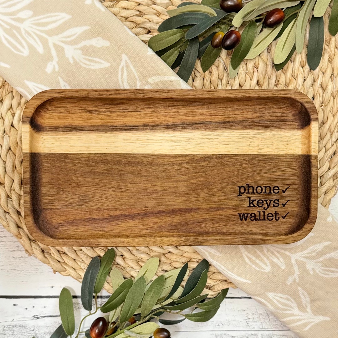 Acacia Wood Engraved Valet Tray // Wood Catch All Tray // Wood Valet ...