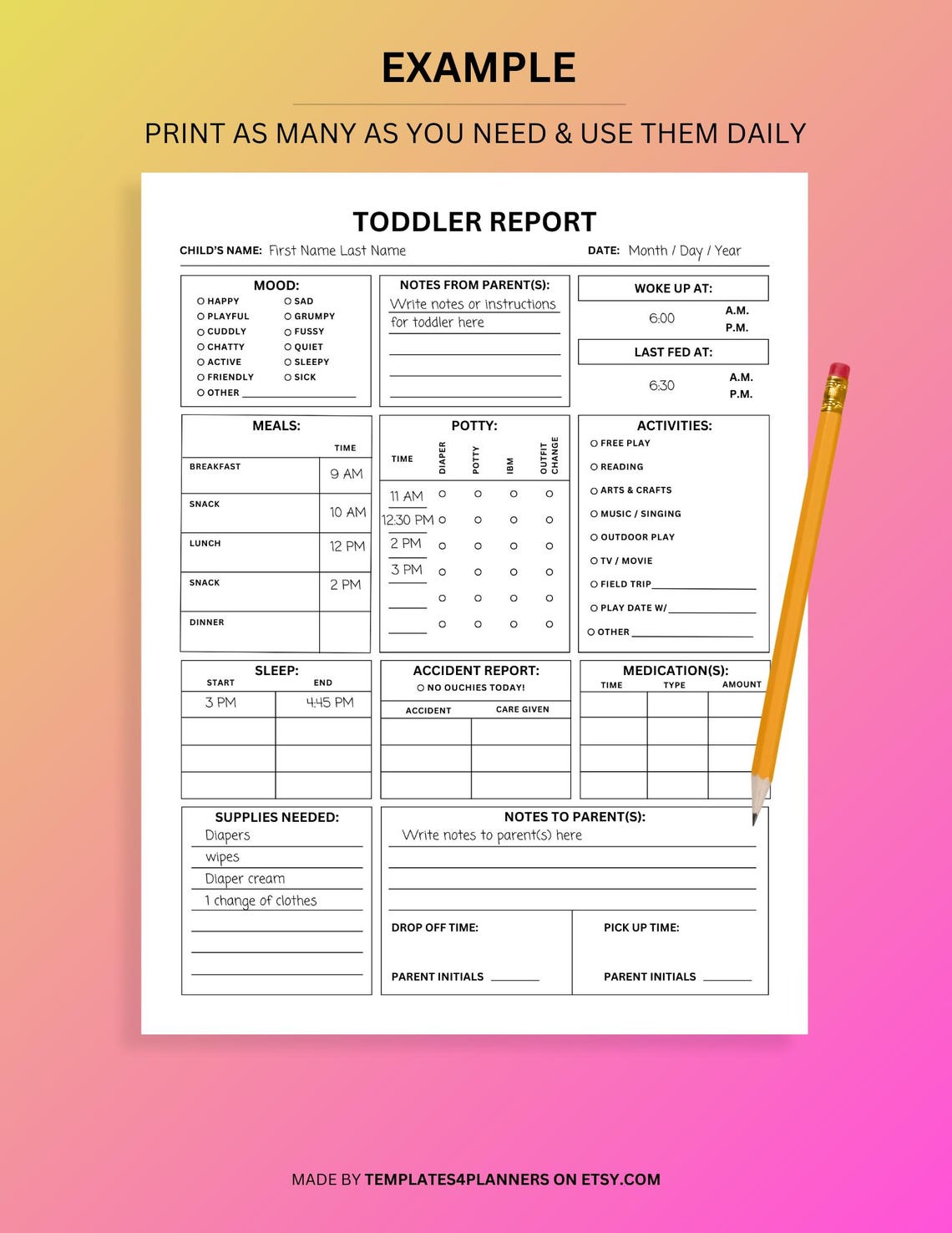 Daily Toddler Report Printable: Childcare Provider Planner (PDF) - Etsy