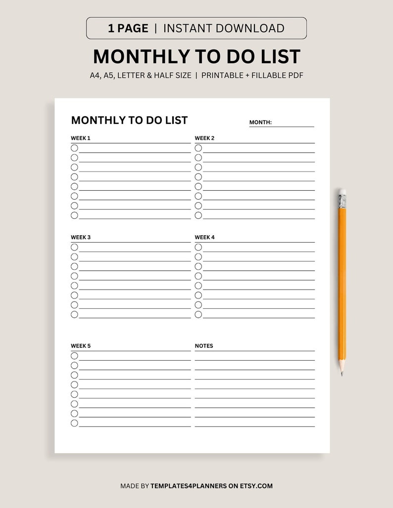 Monthly to Do List Printable, Daily to Do List for Work / Personal Life ...