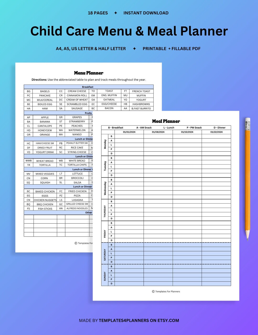 2024 Child Care Menu and Meal Planner Printable, 2024 Menu and Meal ...