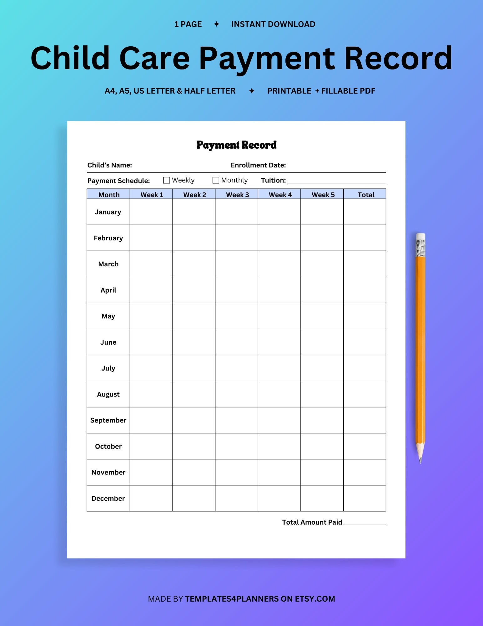 2024 Child Care Payment Record, Printable Payment Record for Child Care ...