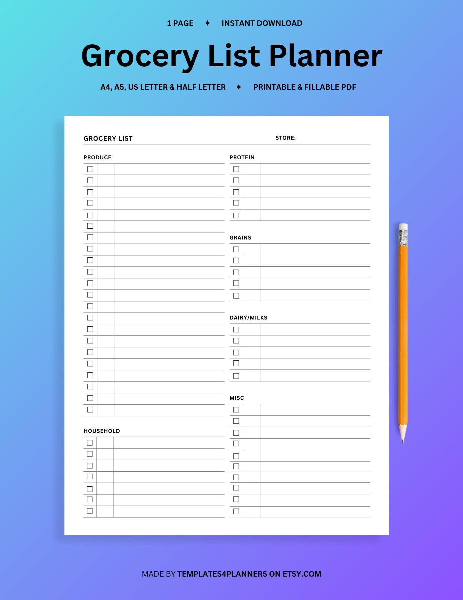Grocery List Planner, Downloadable Planner, Printable Planner, Digital ...