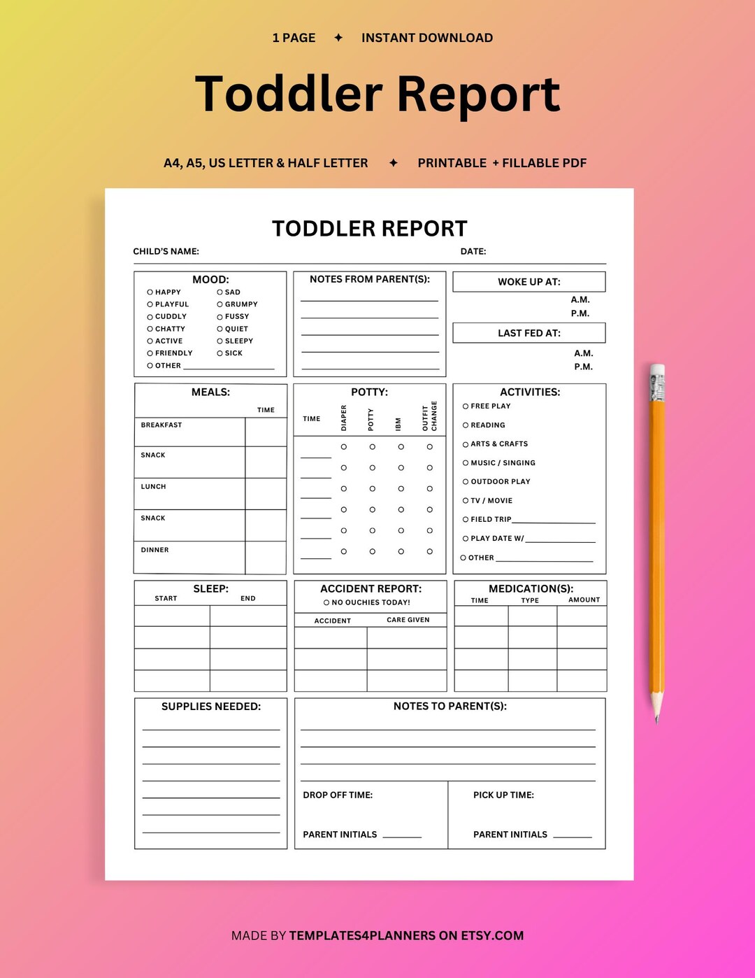 Daily Toddler Report Printable: Childcare Provider Planner (PDF) - Etsy