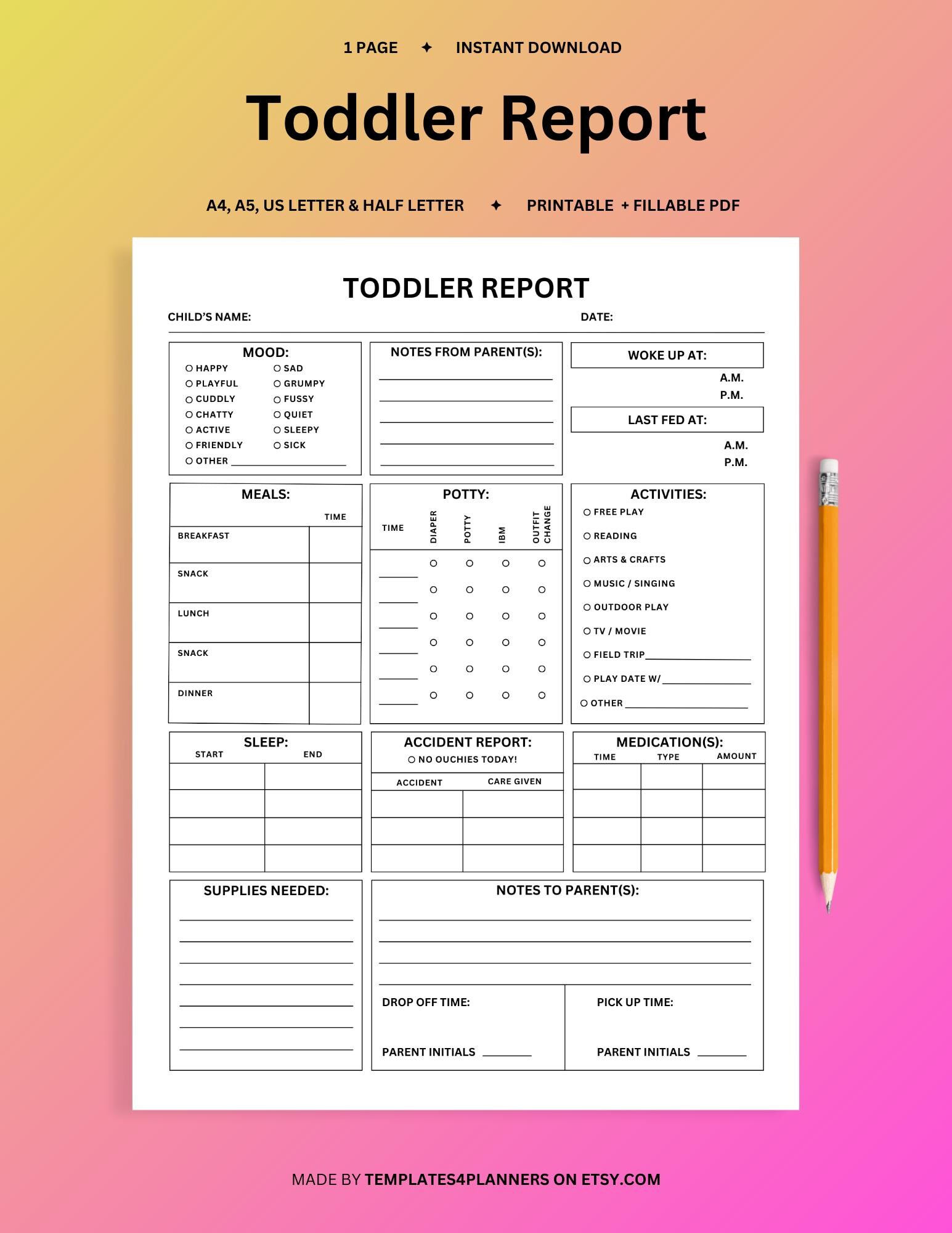 Daily Toddler Report Printable: Childcare Provider Planner (PDF) - Etsy