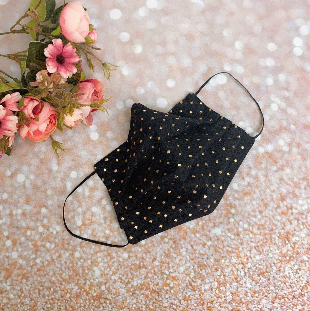 Raised Gold Metallic Squares/studs Face Mask, Jeweled Mask, Black Gold ...