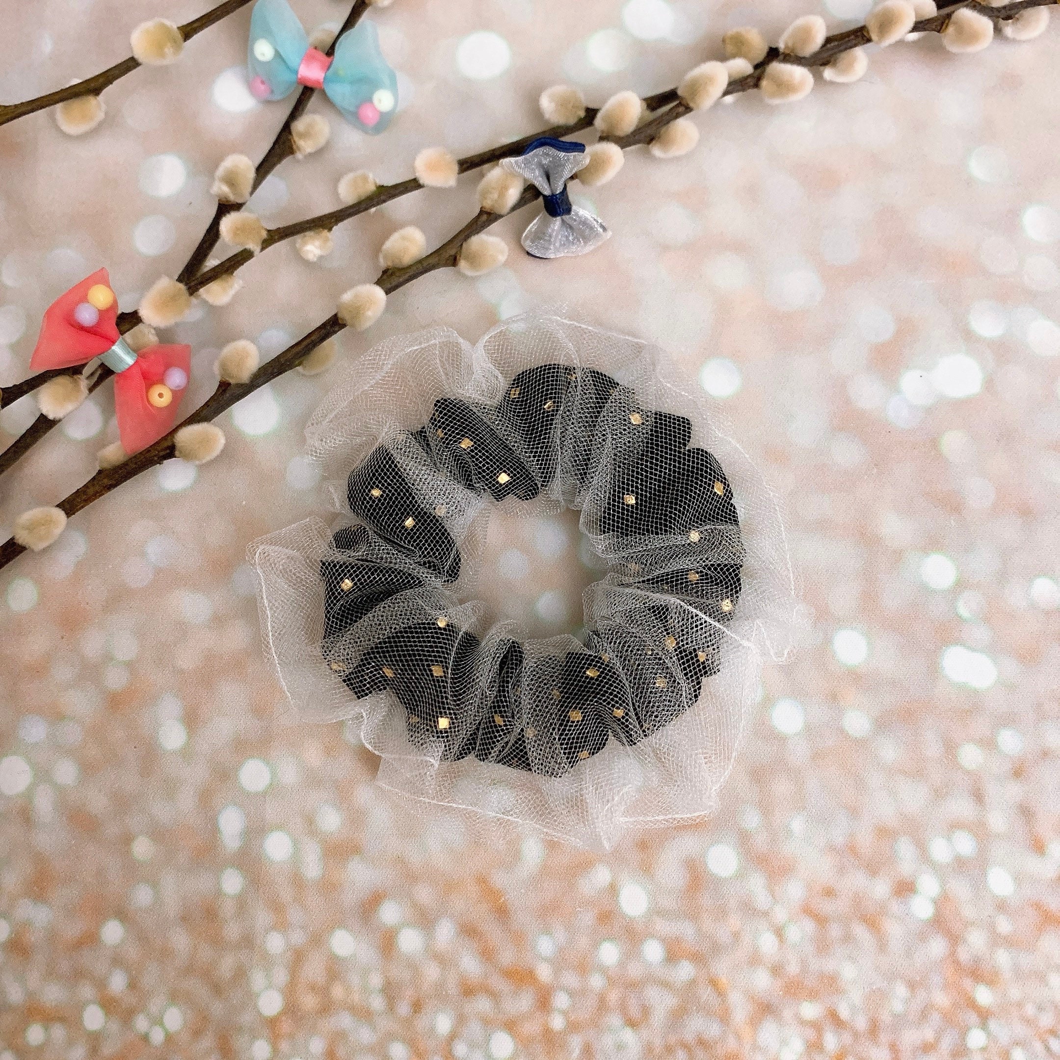 Raised Metallic Squares/studs Double Layered Tutu Scrunchie Black and ...