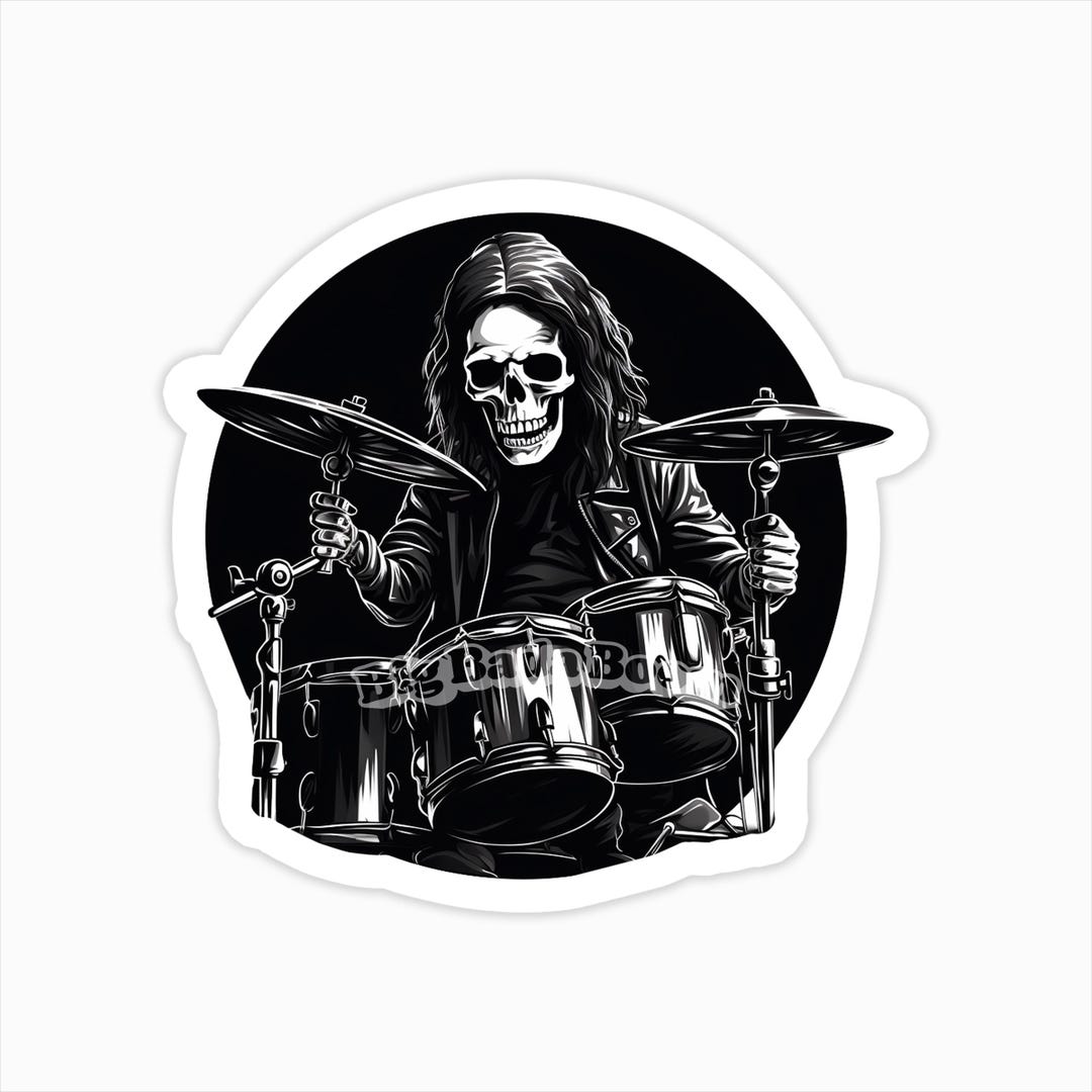 Gothic Skeleton Drummer Sticker, Rock Band Skeleton Art, Skull Playing ...