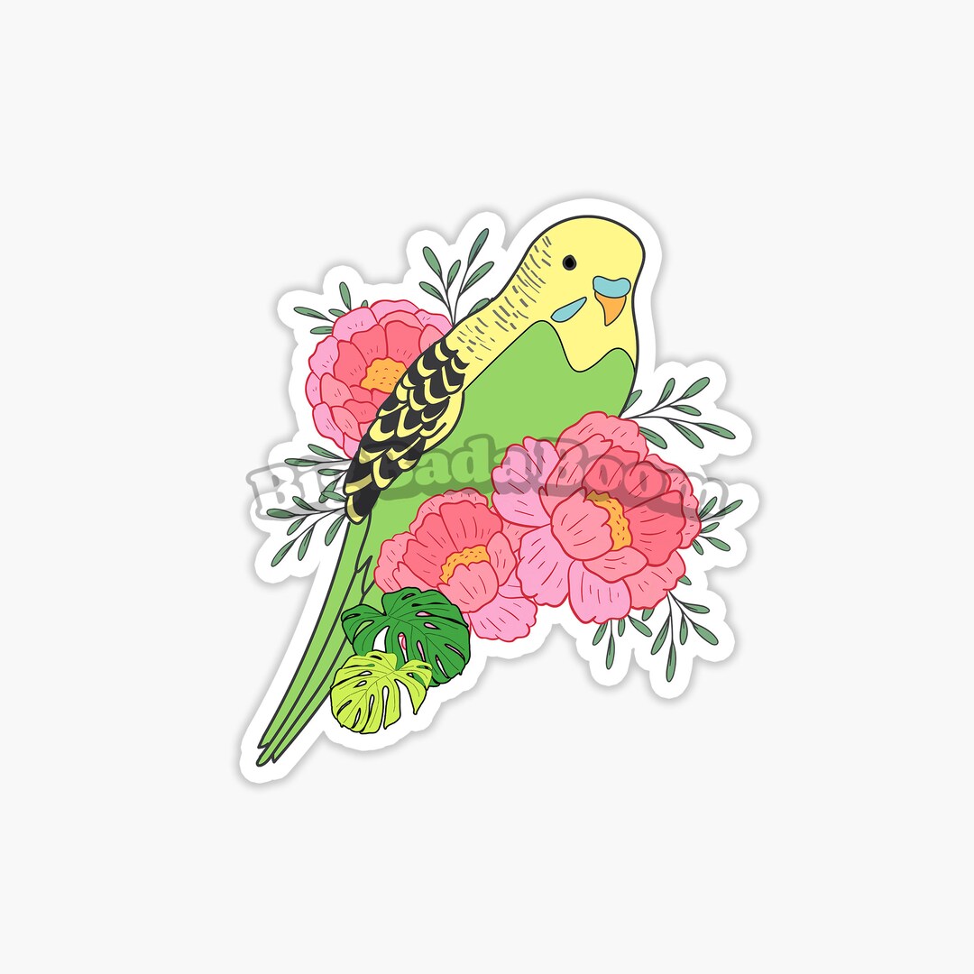 Cute Budgie Parakeet Sticker, Colorful Bird Vinyl Sticker, Floral ...