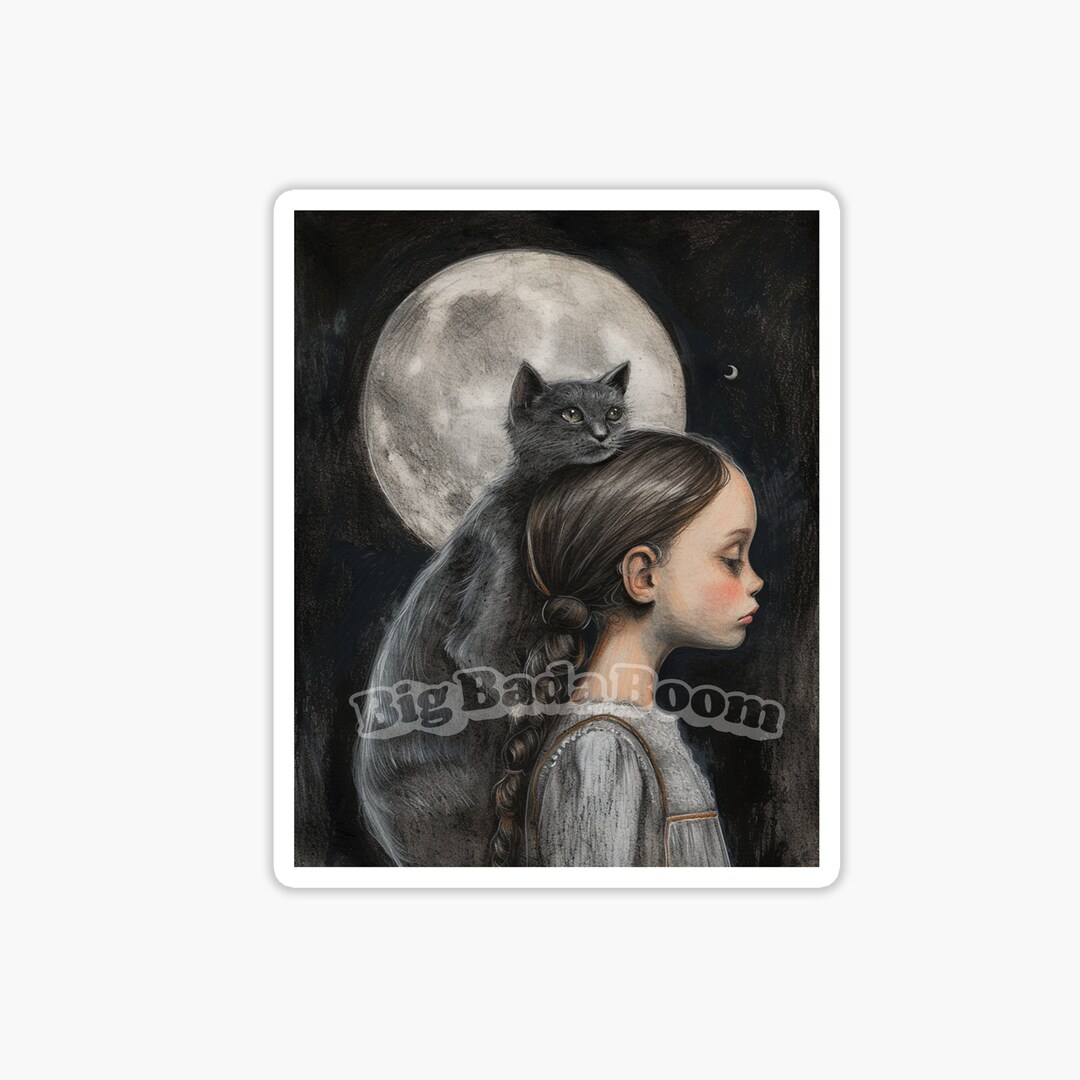 Cozy Black Cat Girl Sticker, Celestial Stars Moon Cat, Night Stickers ...