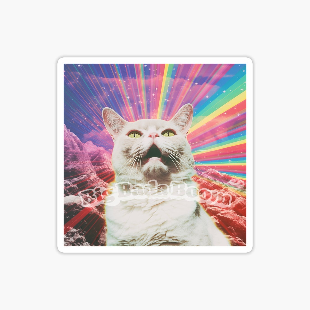 Holographic Psychedelic Meme Cat Vinyl Sticker, Cat Sticker, Laptop ...