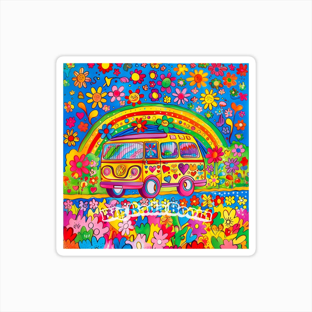 70s Colorful Childish Drawing Van Sticker, Hippie Van Stickers, Flower ...