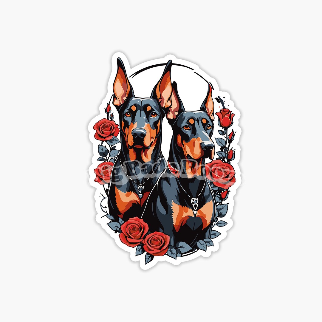 Doberman Vinyl Sticker, Doberman With Roses Sticker, Laptop Stickers ...