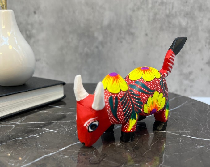 Bull Figurine Mexican Folk Art Alebrije Statue, Wooden Bull as Mexican ...