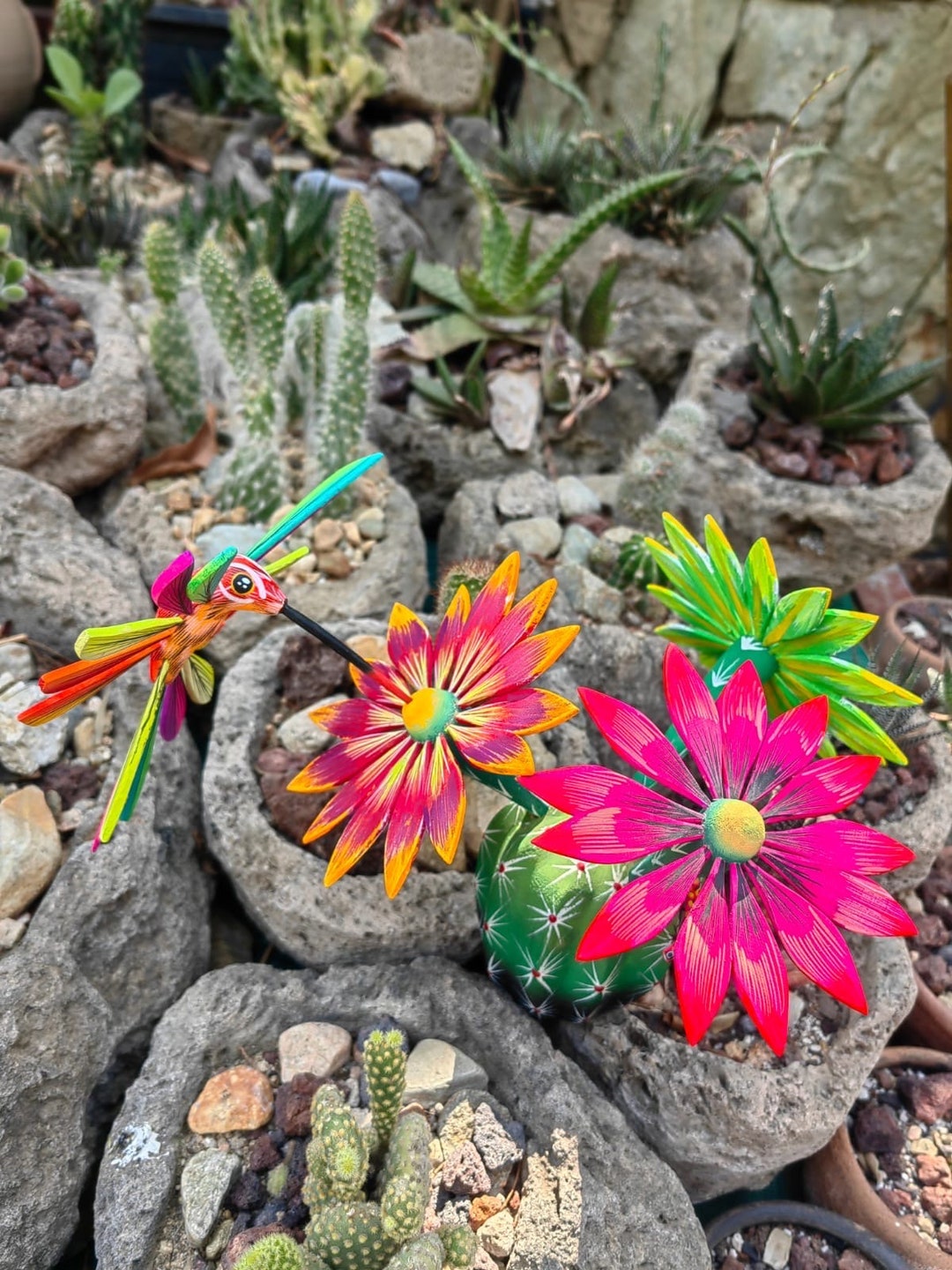 Hummingbird Statue Cactus Biznaga Alebrije Sculpture, Wooden Mexican ...