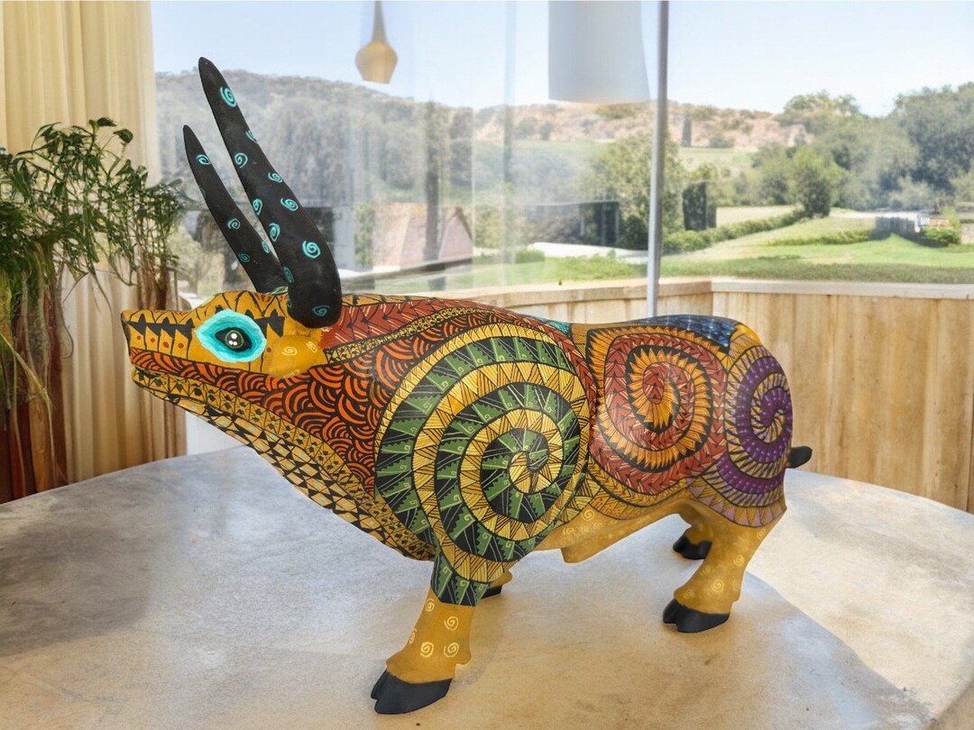 Large Bull Figurine Mexican Folk Art Alebrije Statue Wooden Authentic ...