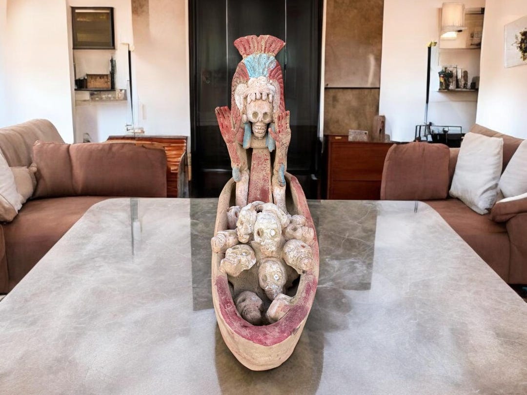 Mictlan Handcrafted Mexican Clay Sculpture of Mictlantecuhtli, Aztec God of Death Folk Art, Pre ...