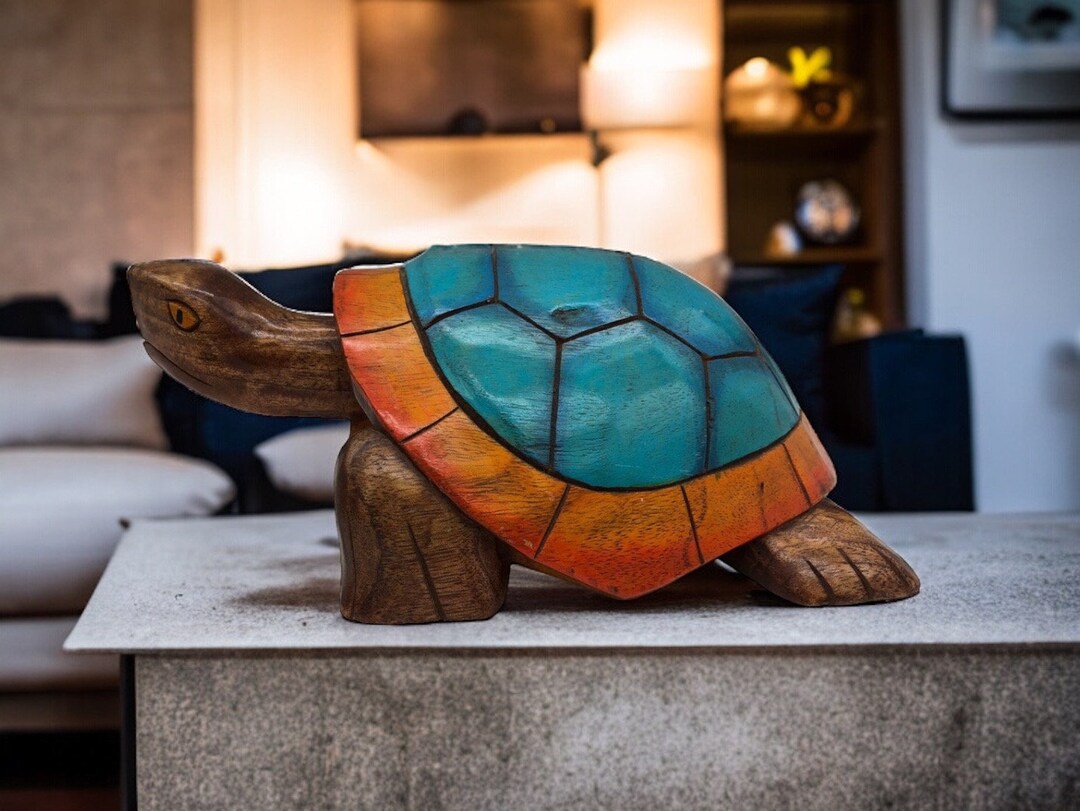 Turtle Wood Carved Statue With Details and Painted Sculpture Mexican ...