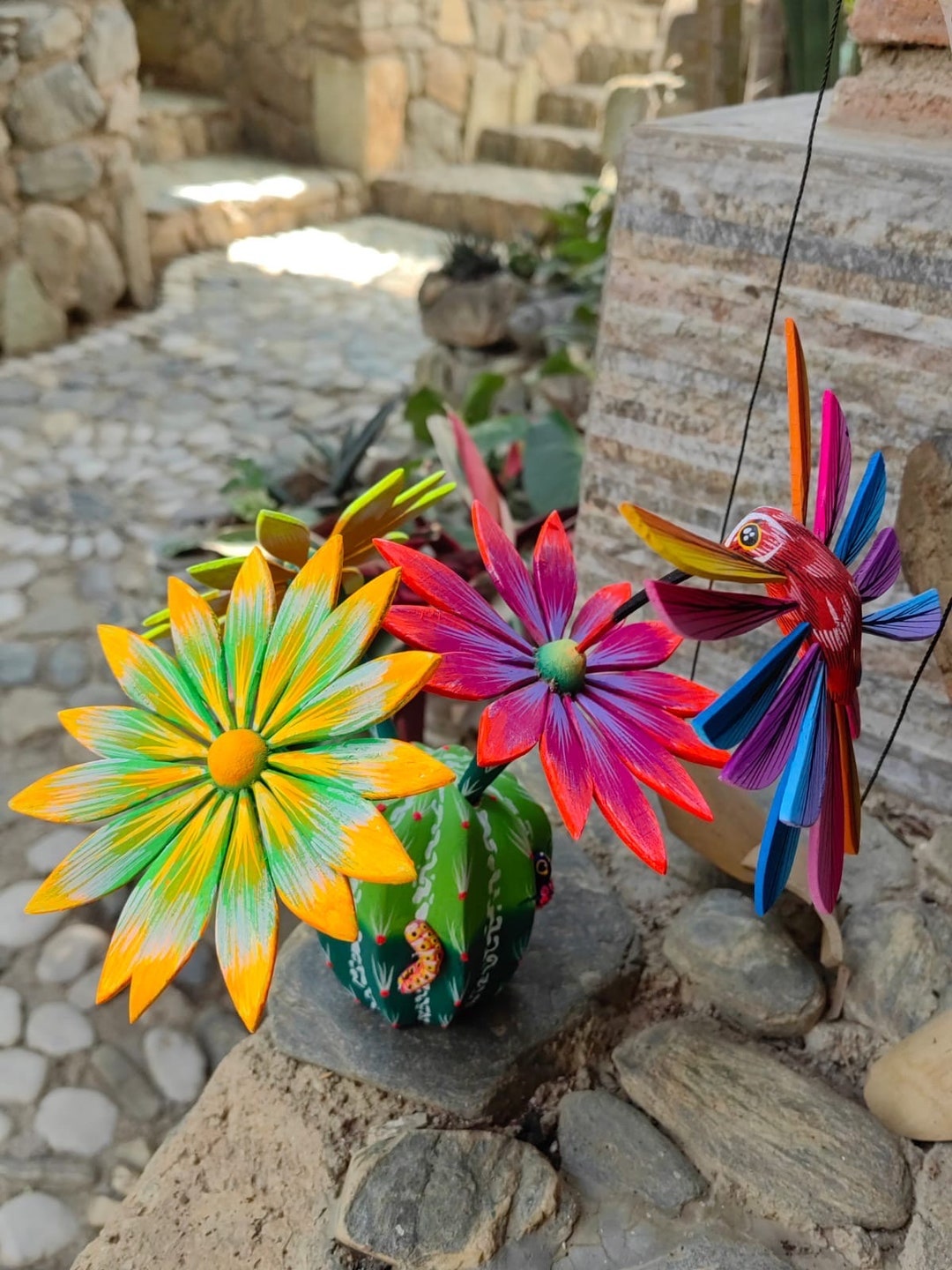 Hummingbird Statue Cactus Biznaga Alebrije Sculpture, Wooden Mexican ...