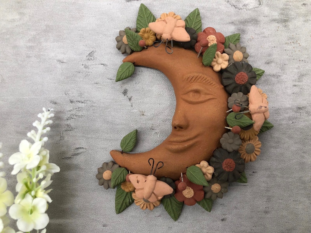 Moon Figurine With Butterflies of Pigment Clay, Mexican Folk Art, Moon ...