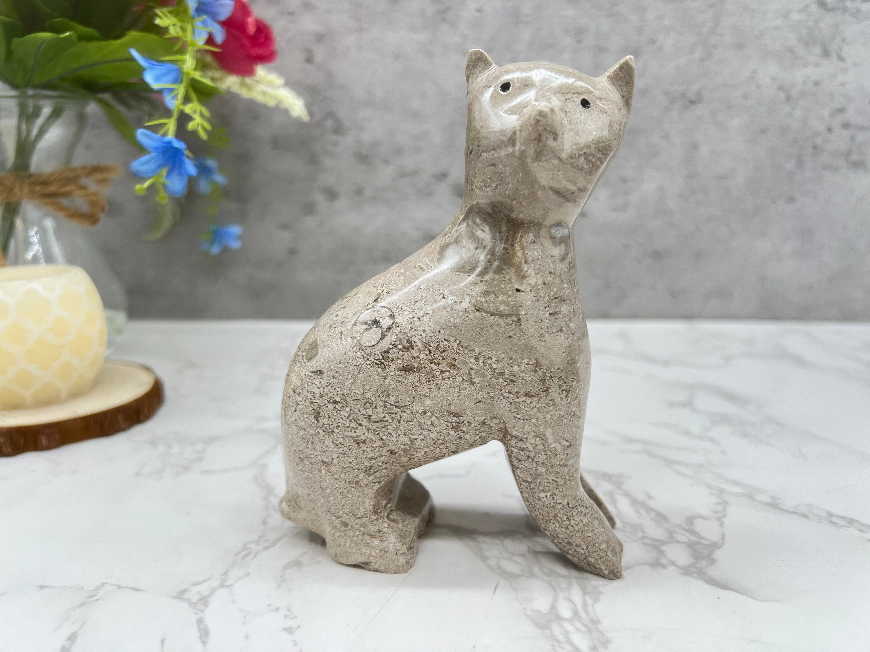 Marble Cat Statue, Cat Figurine, Stone Cat Sculpture, Cat Carving ...