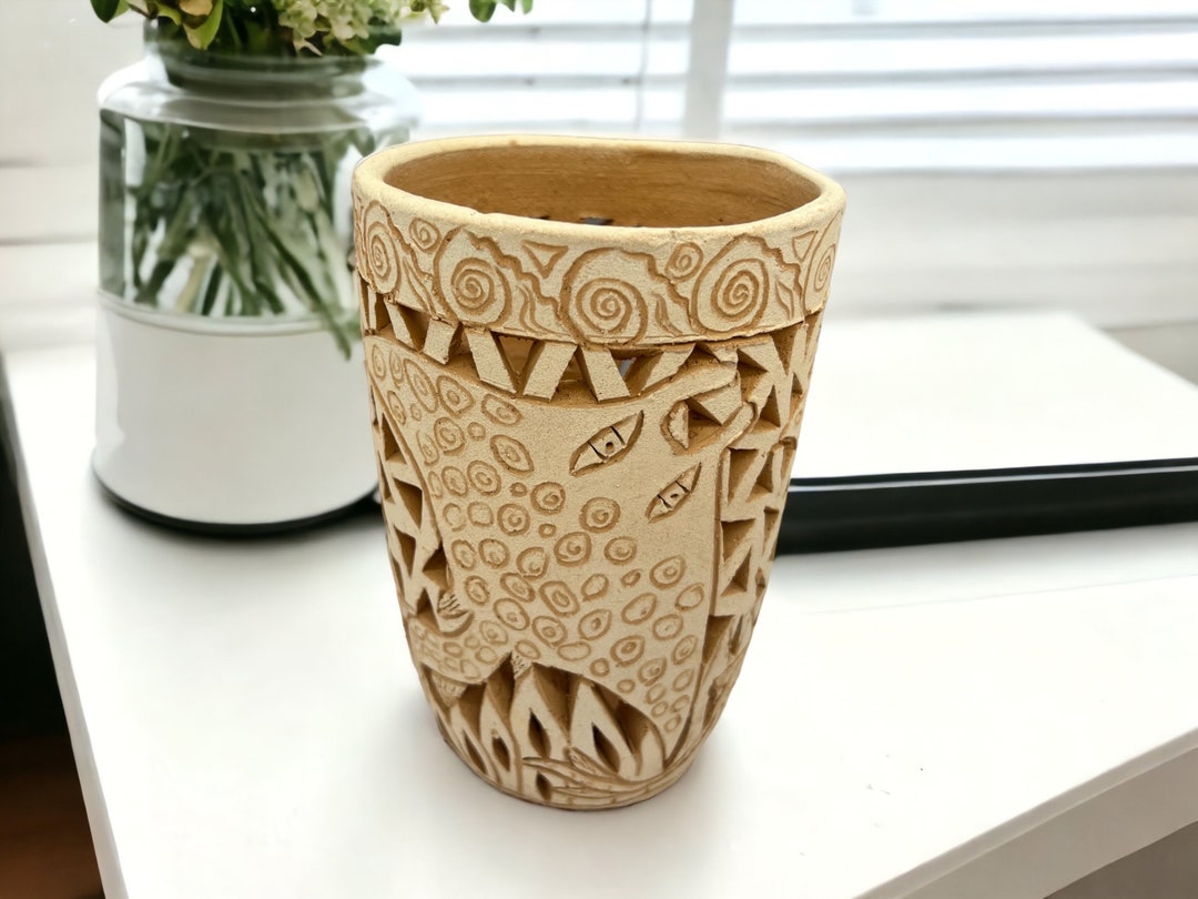 Oaxaca Vase White and Brown Clay Handcrafted Plant Pot, Pottery ...