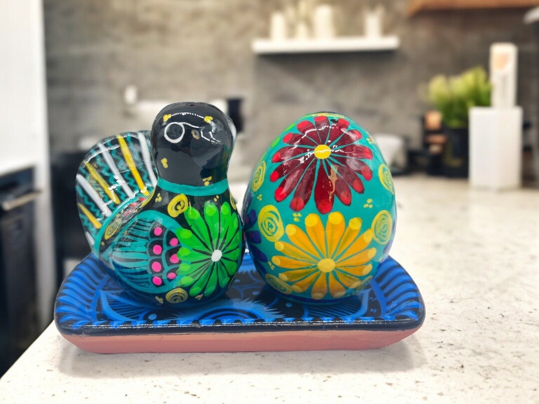 Salt and Pepper Shakers With Tray Made of Clay Hand Painted Guerrero ...