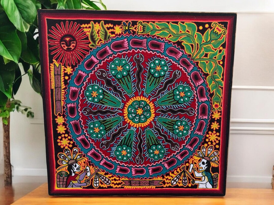 Huichol Yarn Vibrant Handmade Huichol Yarn Art Sacred Peyote Mandala ...